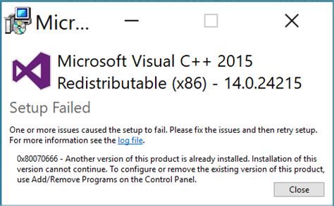 windows 10 vc redist 2015 setup failed 0x80070666 unspecified error