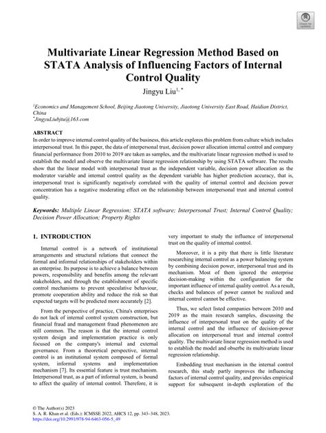 Pdf Multivariate Linear Regression Method Based On Stata Analysis Of