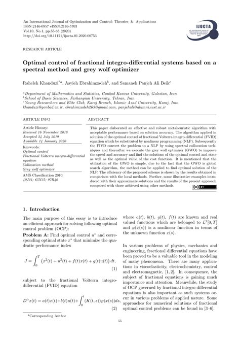 Pdf Optimal Control Of Fractional Integro Differential Systems Based On A Spectral Method And