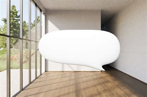 창문과 정원이 있는 호화로운 로프트 아파트에서 공중에 떠 있는 텍스트가 있는 검색 상자 미니멀 한 인테리어 거실 디자인 3d