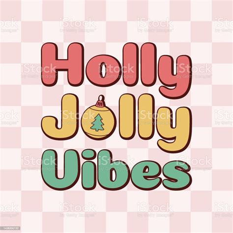 홀리 졸리 바이브스 문구는 복고풍 70년대 그루비 체크 무늬 배경에 있습니다 크리스마스 축 하를위한 히피 디자인 1960 1969 년에 대한 스톡 벡터 아트 및 기타 이미지