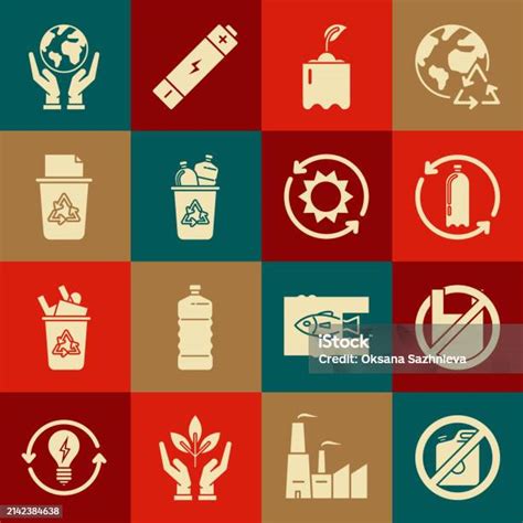 휘발유 용기 없음 비닐 봉지 포스터 재활용 병 새싹 재활용 기호가 있는 휴지통 지구 지구본을 들고 있는 인간의 손 태양 에너지 패널 아이콘을 설정합니다 벡터 기체 물리