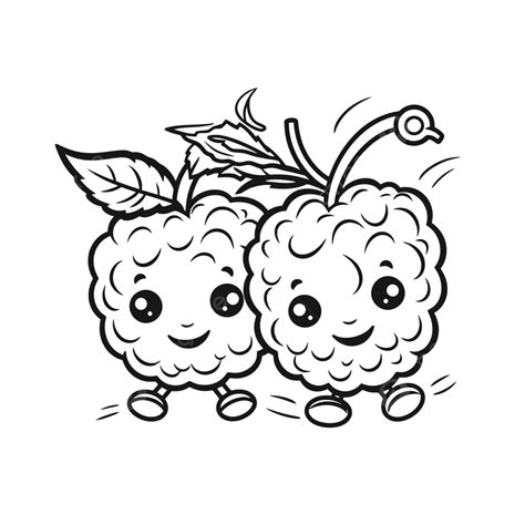 잎 윤곽선 스케치 드로잉이 있는 만화 과일 색칠 페이지의 귀여운 쌍 벡터 산딸기 그리기 산딸기 개요 산딸기 스케치 Png 일러스트 및 벡터 에 대한 무료 다운로드