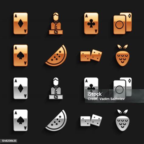 수박 카드 놀이 딸기 게임 주사위 스페이드 클럽 다이아몬드 및 딜러 아이콘으로 카지노 슬롯 머신을 설정하십시오 벡터 가능성에