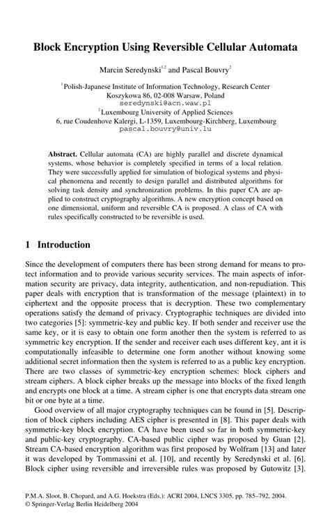 Pdf Block Encryption Using Reversible Cellular Automata
