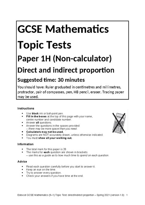 Gcse Topic Tests 1h Proportion Gcse Mathematics Topic Tests Paper 1h Non Calculator Direct