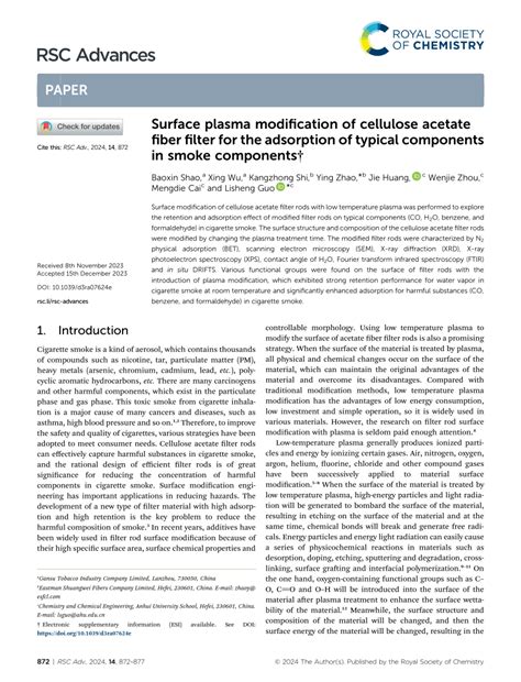 PDF Surface Plasma Modification Of Cellulose Acetate Fiber Filter For The Adsorption Of