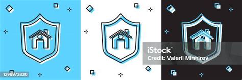 파란색과 흰색 검은 색 배경에 격리 된 방패 아이콘으로 집을 설정합니다 보험 개념 보안 안전 보호 개념을 보호합니다 벡터 개념에 대한 스톡 벡터 아트 및 기타 이미지