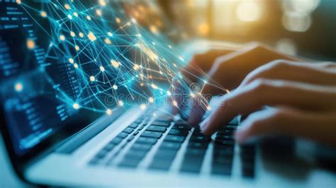 Hands Typing On Laptop Glowing Generating Software With Innovative Digital Interface And