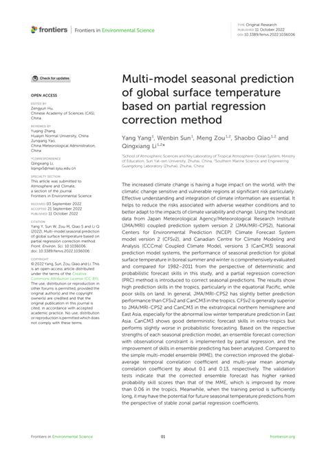 Pdf Multi Model Seasonal Prediction Of Global Surface Temperature Based On Partial Regression