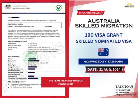 Skilled Nominated Subclass 190 Visa Grant 21 Aug 2024 Ausroots Visa