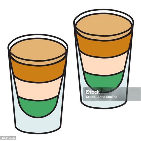 스타일리시한 손으로 그린 낙서 만화 힙스터 스타일 벡터 일러스트레이션 레이어드 샷 슈터 아일랜드 국기 칵테일 한 켤레 카드 초대장 포스터 바 메뉴 또는 알코올 요리 책