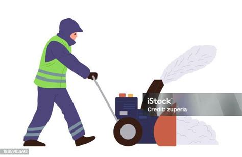 거리 청소를 위해 자동 Snowblowler 기계를 사용하는 유니폼을 입은 남자 청소부 만화 캐릭터 제설차에 대한 스톡 벡터 아트 및 기타 이미지 Istock
