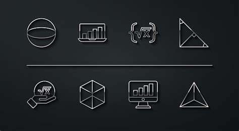 기하학적 도형 구 X 글리프의 제곱근 각도 이등분선 삼각형 그래프 차트가 있는 컴퓨터 모니터 큐브 노트북 사면체 및 아이콘을