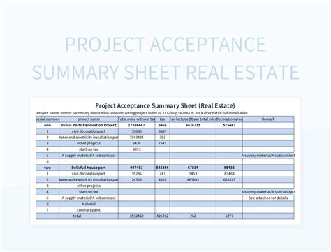 Project Acceptance Summary Sheet Real Estate Excel Template And Google