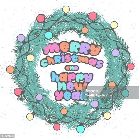 기쁜 성 탄과 새 해 복 많이 받으세요 빈티지 배경 화려한 반짝이 화 환에 녹색 소나무 전나무 화 환에 텍스트 브러쉬 12월에 대한 스톡 벡터 아트 및 기타 이미지 Istock