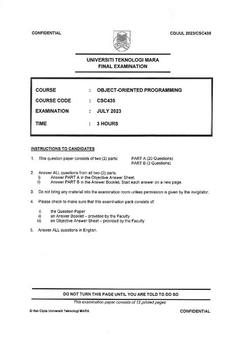 Past Year Exam On Object Oriented Learning Csc453 Confidential Universiti Teknologi Mara Final
