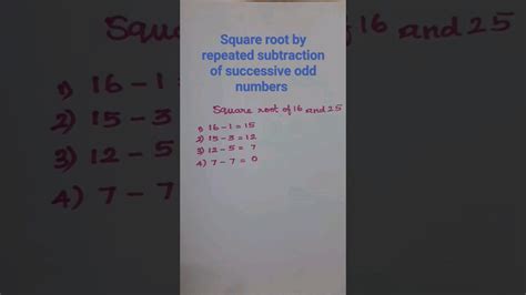 Square Root By Repeated Subtraction Of Successive Odd Numbers Youtube