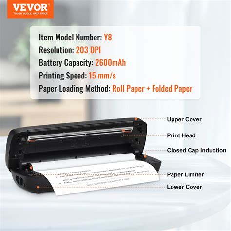Vevor Portable Printer 2600mah Battery 203 Dpi Bluetooth Inkless Mobile Printer For A4 A5