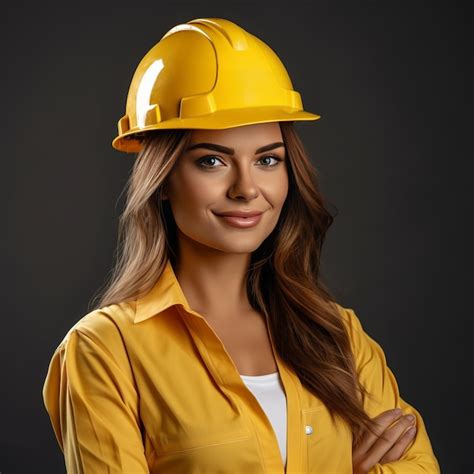 Premium Ai Image Beautiful Female Construction Worker Wearing A Yellow Hardhat