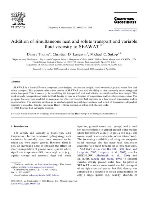 Pdf Addition Of Simultaneous Heat And Solute Transport And Variable Fluid Viscosity To Seawat