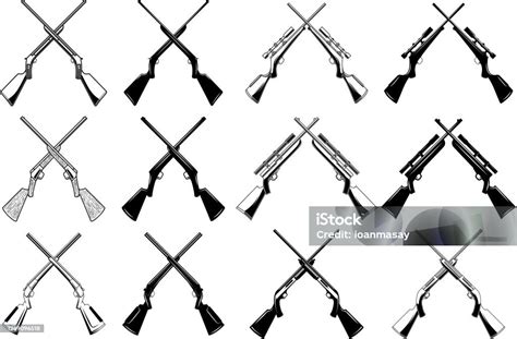 교차 사냥 소총과 총의 집합 레이블 기호에 대한 설계 요소입니다 배지 벡터 일러스트레이션 소총에 대한 스톡 벡터 아트 및 기타 이미지 Istock