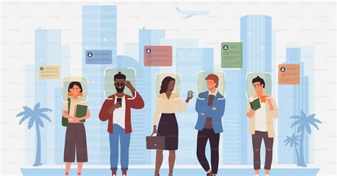 도시 얼굴 인식 기술 벡터 그림입니다 만화 사람들은 생체 인식 얼굴 Id 프로필을 머리 아래에 두고 카메라로 감시하고 Ai 스캔 시스템으로 보행자를 분석한 채 거리를