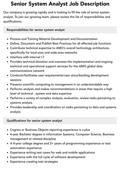 Senior System Analyst Job Description Velvet Jobs