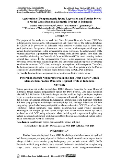 Pdf Penerapan Regresi Nonparametrik Spline Dan Deret Fourier Untuk Memodelkan Produk Domestik