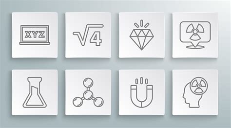 라인 테스트 튜브 및 플라스크 4 글리프의 제곱근 분자 자석 머리 방사선 기호 다이아몬드 방사능 위치 및 Xyz 좌표계 아이콘을 설정합니다 벡터 4에 대한 스톡 벡터 아트