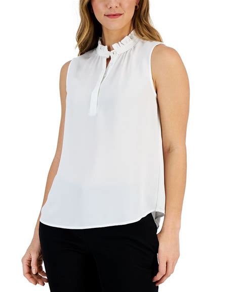 Kasper Womens Ruffle Neck Button Front Sleeveless Top Macys