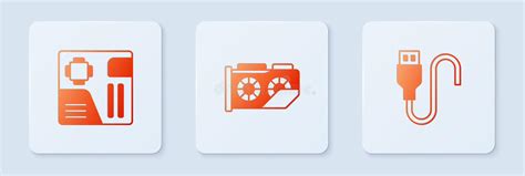 Set Video Graphic Card Motherboard Digital Chip And Usb Cable Cord White Square Button Stock