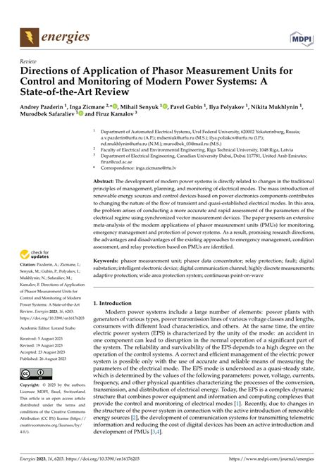 Pdf Directions Of Application Of Phasor Measurement Units For Control And Monitoring Of Modern