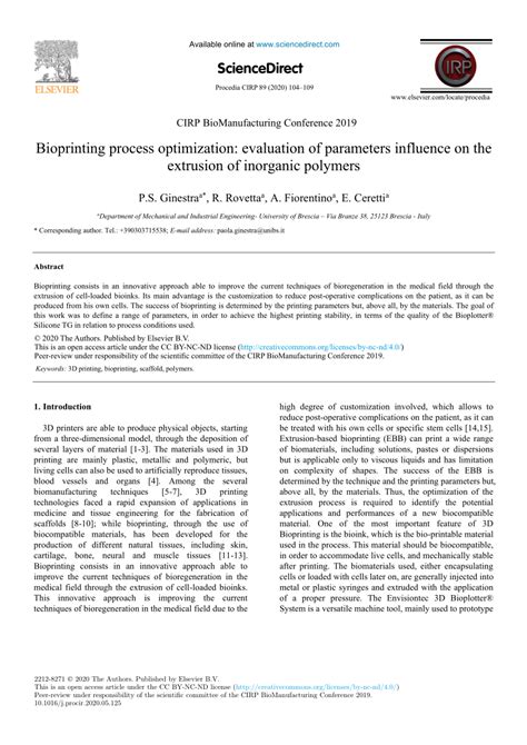 Pdf Bioprinting Process Optimization Evaluation Of Parameters Influence On The Extrusion Of
