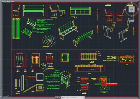 نقشه اتوکد جزییات اجرایی لوازم پارک نیمکت، سطل زباله، سکوی نشیمن