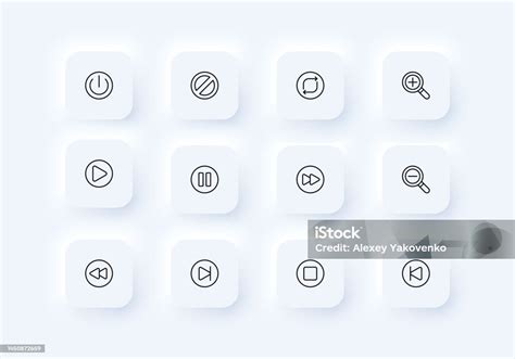 제어 버튼 설정 아이콘 재생 일시 중지 되감기 중지 뒤로 다음 확대 및 축소 탐색 플레이어 뷰어 비디오 시청 플러스 마이너스 전원 켜기 끄기 기술 개념입니다 신형성 벡터 선