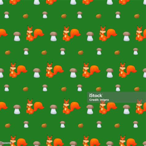 많은 포레스트 버섯 도토리 다람쥐와 아름다운 매끄러운 패턴 현대 식품 디자인 템플릿 트렌디 한 직물 직물 포장 현대 종이 디자인 만화 플랫 스타일 벡터 일러스트레이션 0명에