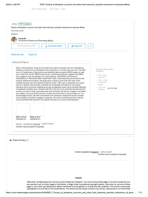 Pdf Toxicity Of Tartrazine Curcumin And Other Food Colorants
