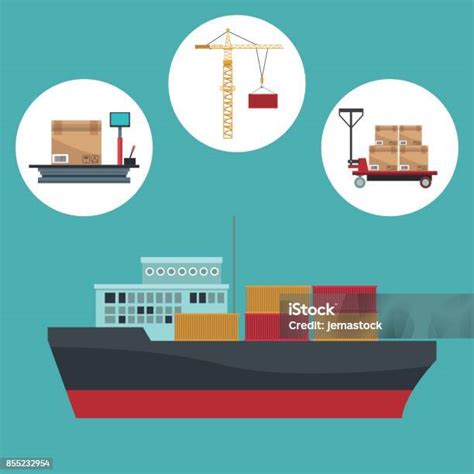 컬러 배경 아이콘 저장 물류 및 근접 촬영 화물선 선박 컨테이너의 원형 프레임 건설 기계류에 대한 스톡 벡터 아트 및 기타 이미지 건설 기계류 건축물 교통수단