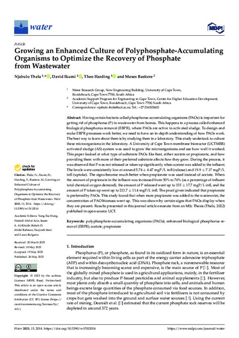 Pdf Growing An Enhanced Culture Of Polyphosphate Accumulating Organisms To Optimize The