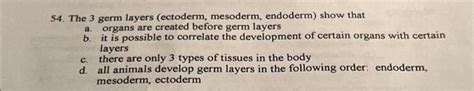 Solved 54 The 3 Germ Layers Ectoderm Mesoderm Endoderm