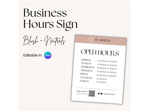 Open Hours Sign Canva Template Editable Business Hours Sign Salon