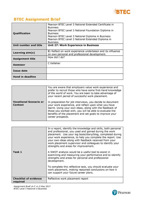 Unit 27 Authorised Assignment Brief For Learning Aim C Work Experience