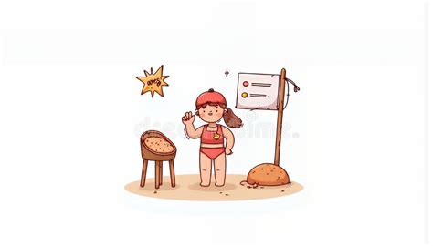 Cheerful Chibi Lifeguard In Coral Swimsuit On Sandy Beach Eco Green