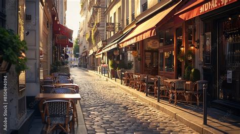 Typical View Of The Parisian Street With Tables Of Brasserie Cafe In