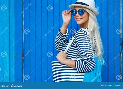 Slim Blonde Year Old Portrait Of A Beautiful Woman In Vest Stock Photo Image Of Cruise