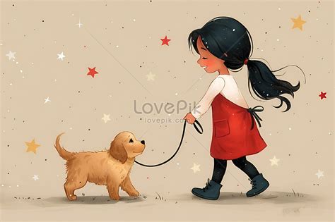 강아지와 함께 산책하는 소녀 일러스트 무료 다운로드 Lovepik