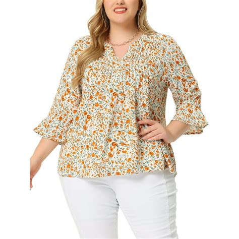 Agnes Orinda Womens Plus Size Pleated V Neck 34 Sleeves Floral Blouse