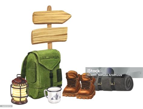 배낭 이정표 부츠 램프 머그잔이 있는 수채화 배너 캠프장 손으로 그린 그림은 흰색 배경에 고립되어 있다 관광 하이킹 야외 레크리에이션을 테마로 한 디자인 가방에 대한 스톡