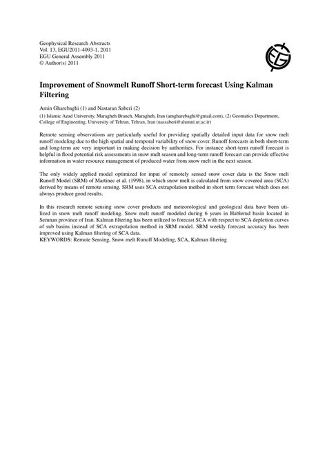 Pdf Improvement Of Snowmelt Runoff Short Term Forecast Using Kalman Filtering